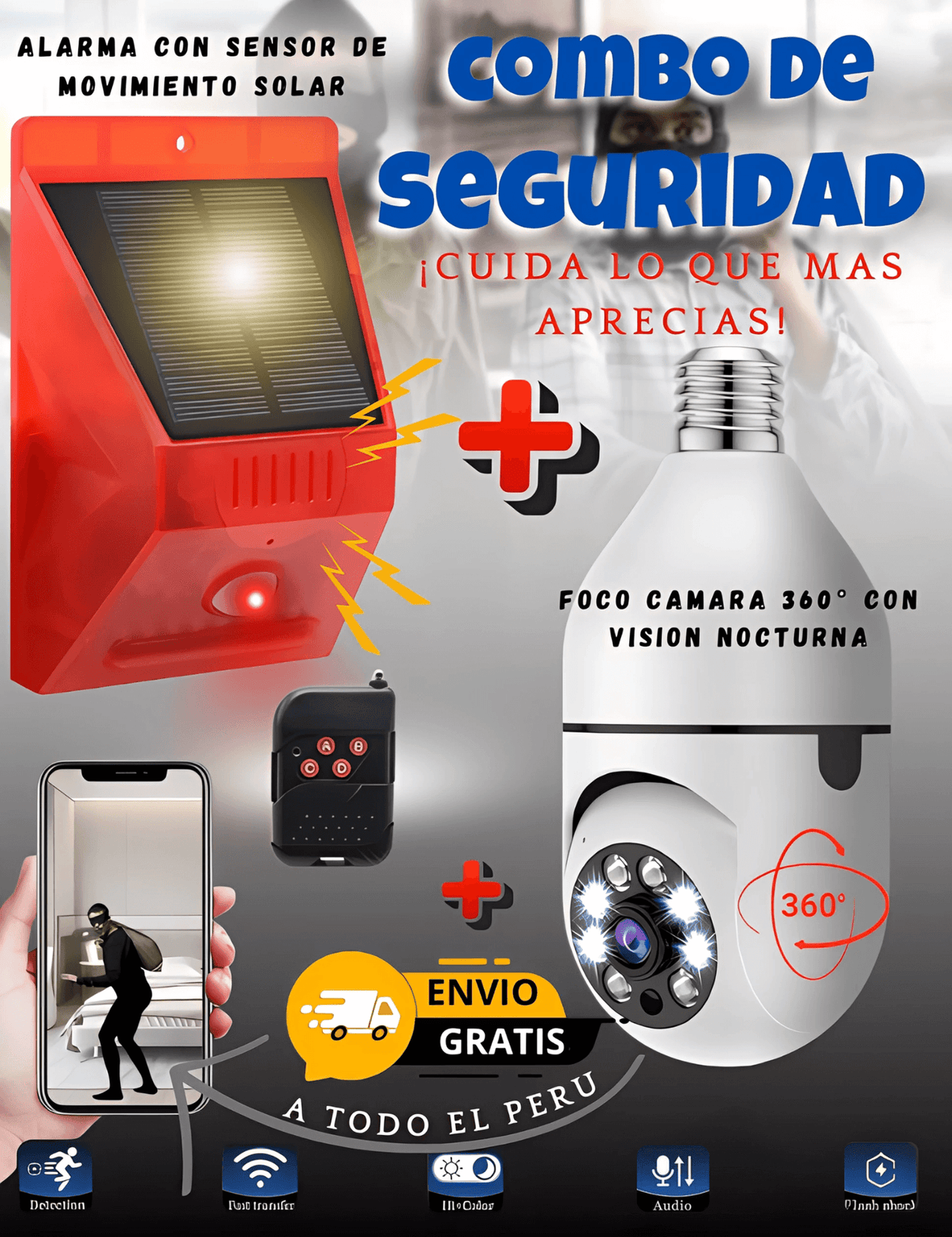 Combo de Seguridad Foco Cámara 360° + Alarma Solar con Sensor – Tienda 1